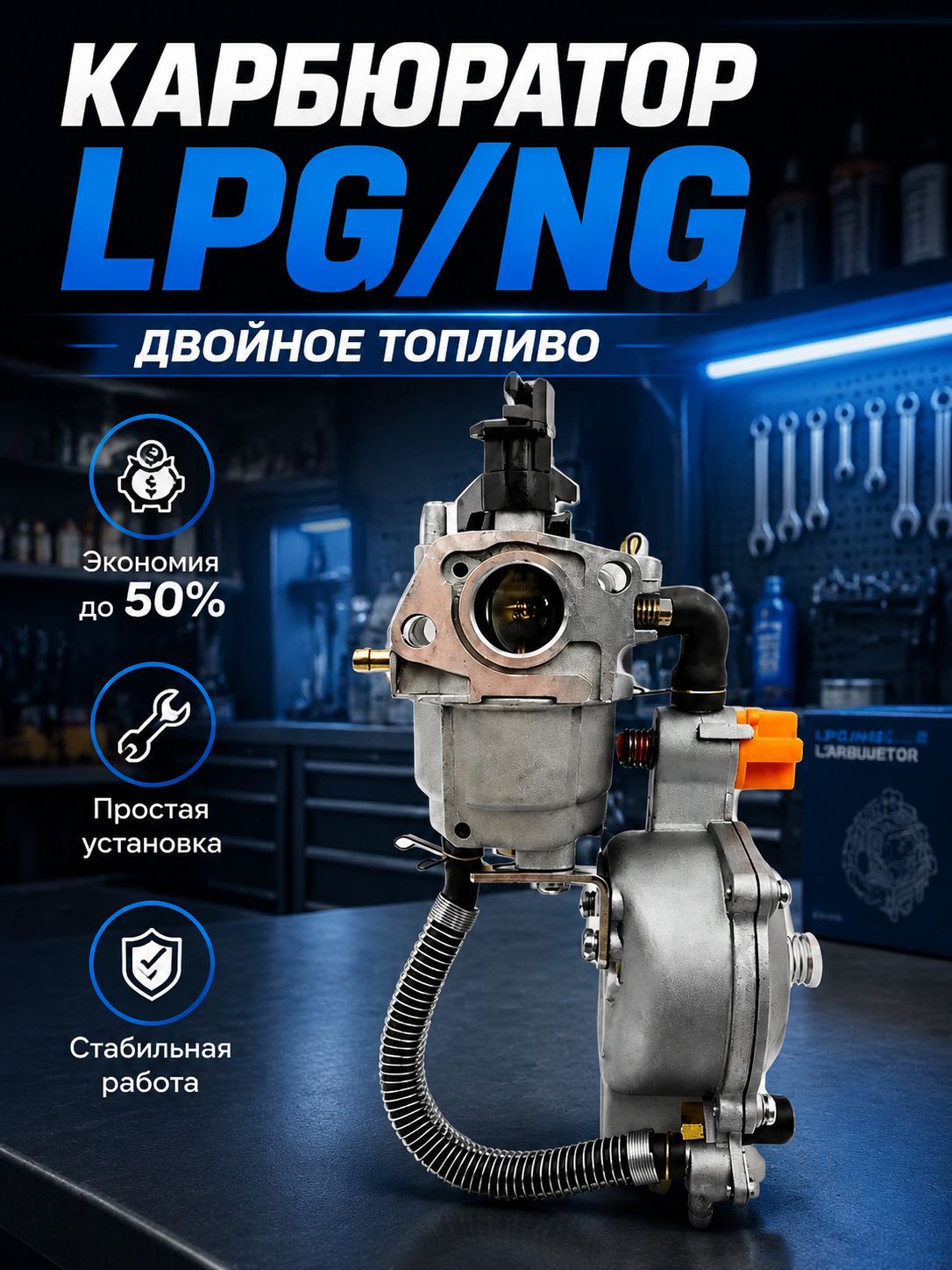 Карбюратор газ-бензин для генератора 168F/170F/GX160, двойное топливо LPG/NG