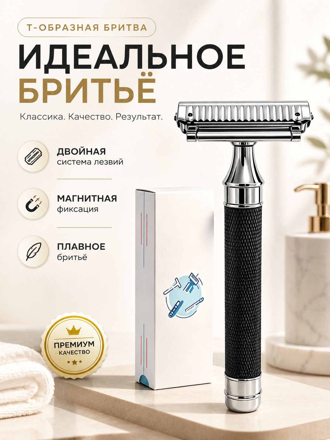 Т-образная бритва, магнитная, двойная система лезвий, серебристая