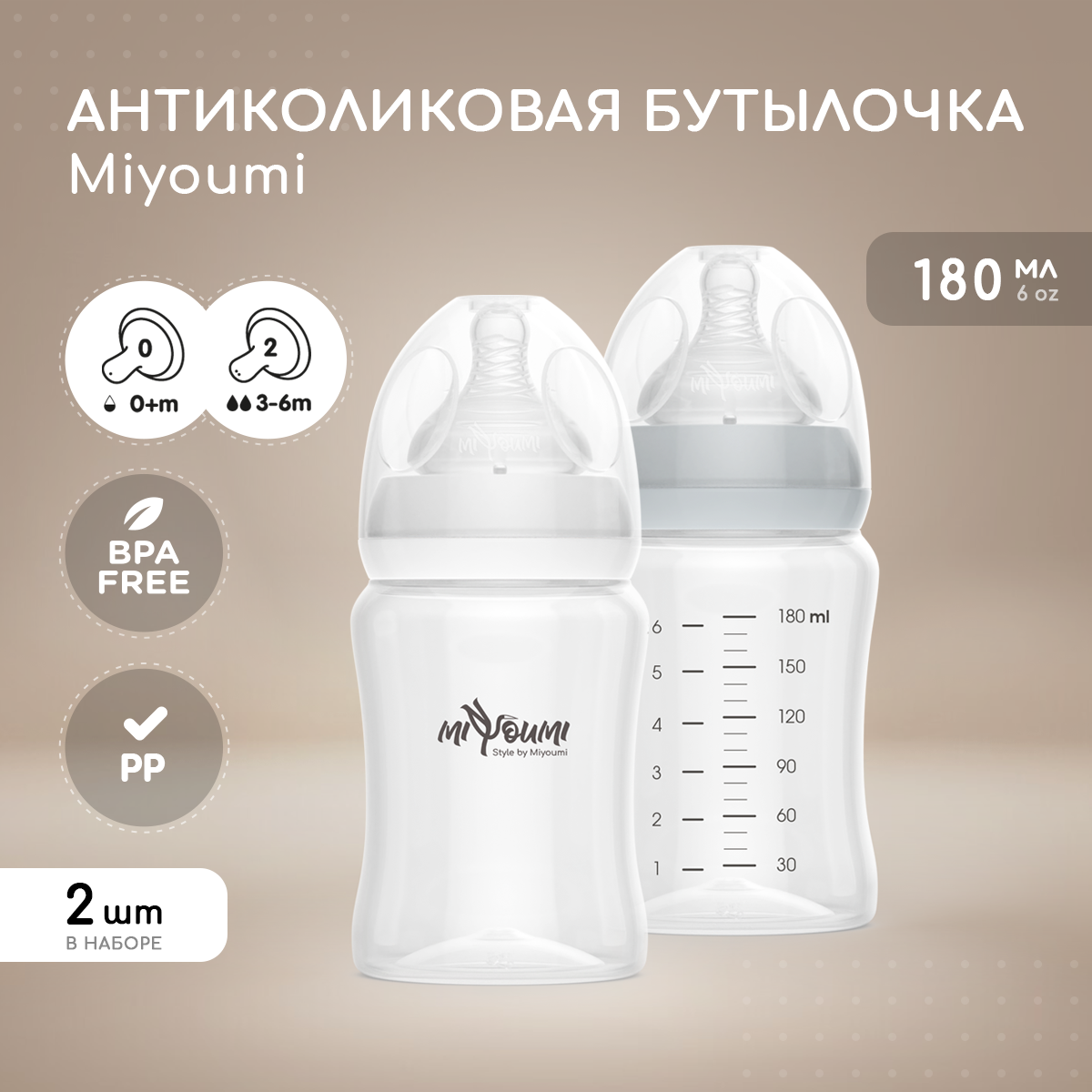 Бутылочка Miyoumi Anti-Colic 180 мл 2 шт.