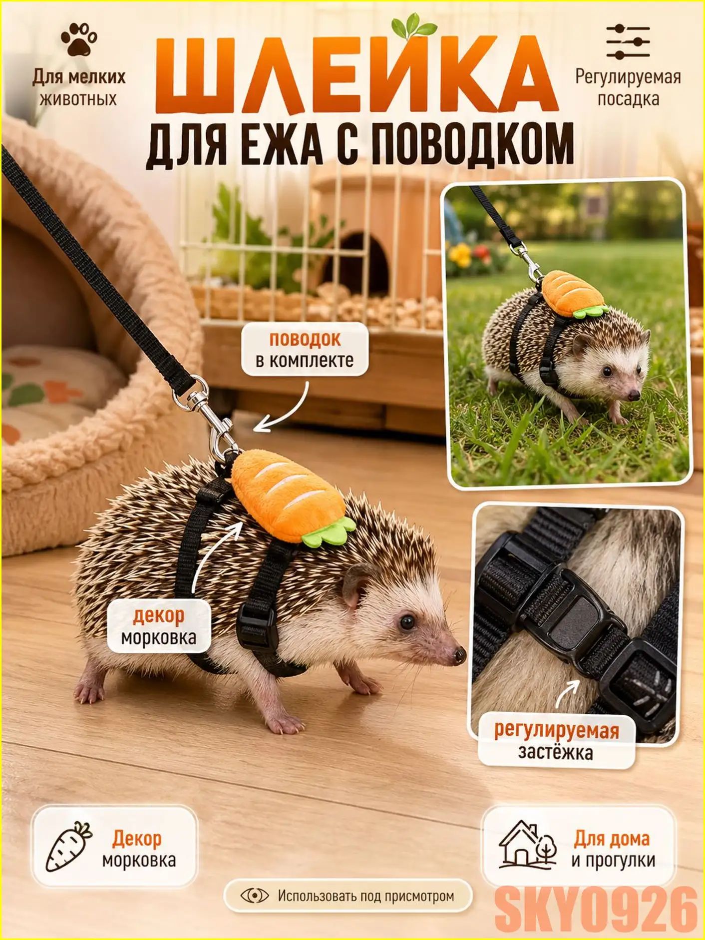 Шлейка для ежа с поводком, 1 комплект, регулируемая шлейка для мелких животных с декором морковка