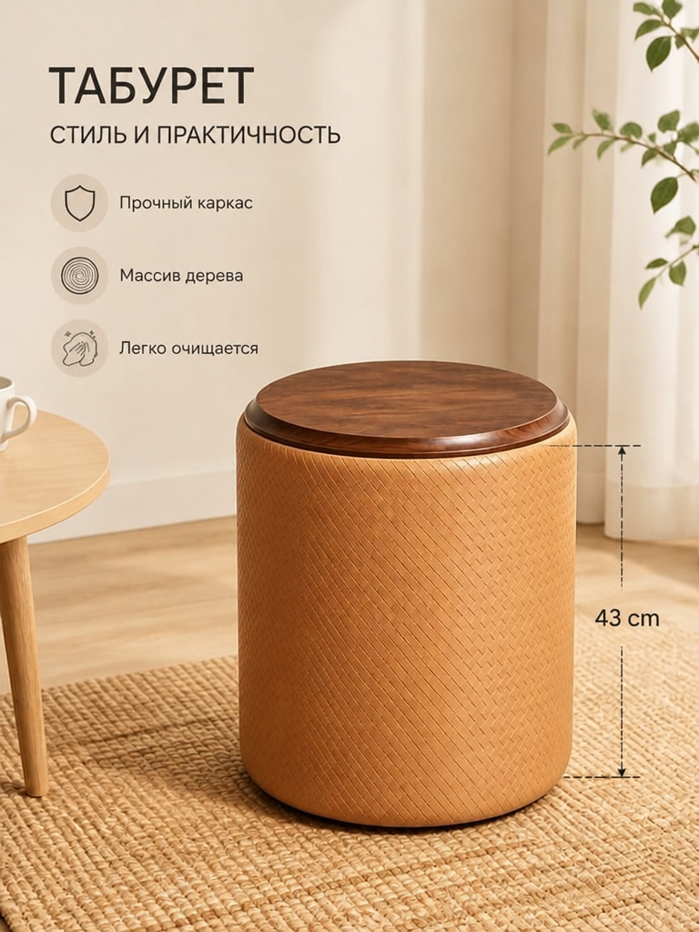 Пуф-табурет из экокожи с плетёным узором, оранжевый, с крышкой из ореха, для дома
