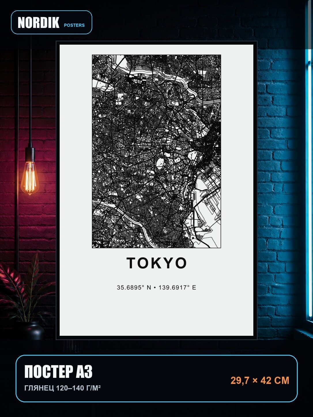 Постер Карта города Tokyo белая A3