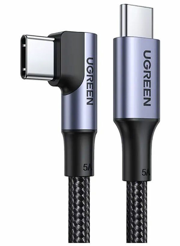 Кабель Ugreen US334 (70643) USB-C 2.0 Male To Angled 90° USB-C 2.0 Male 5A Data Cable, 1 м, черный