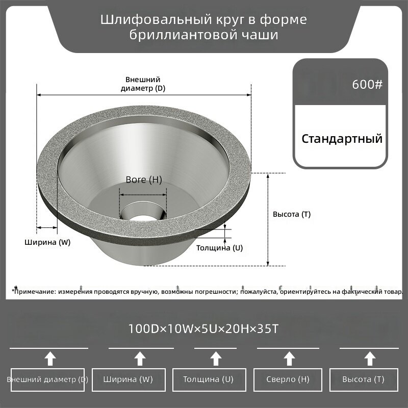 Алмазный чашечный шлифовальный круг для заточки фрез, сверл и токарного инструмента, зернистость 600#, стандартная модель