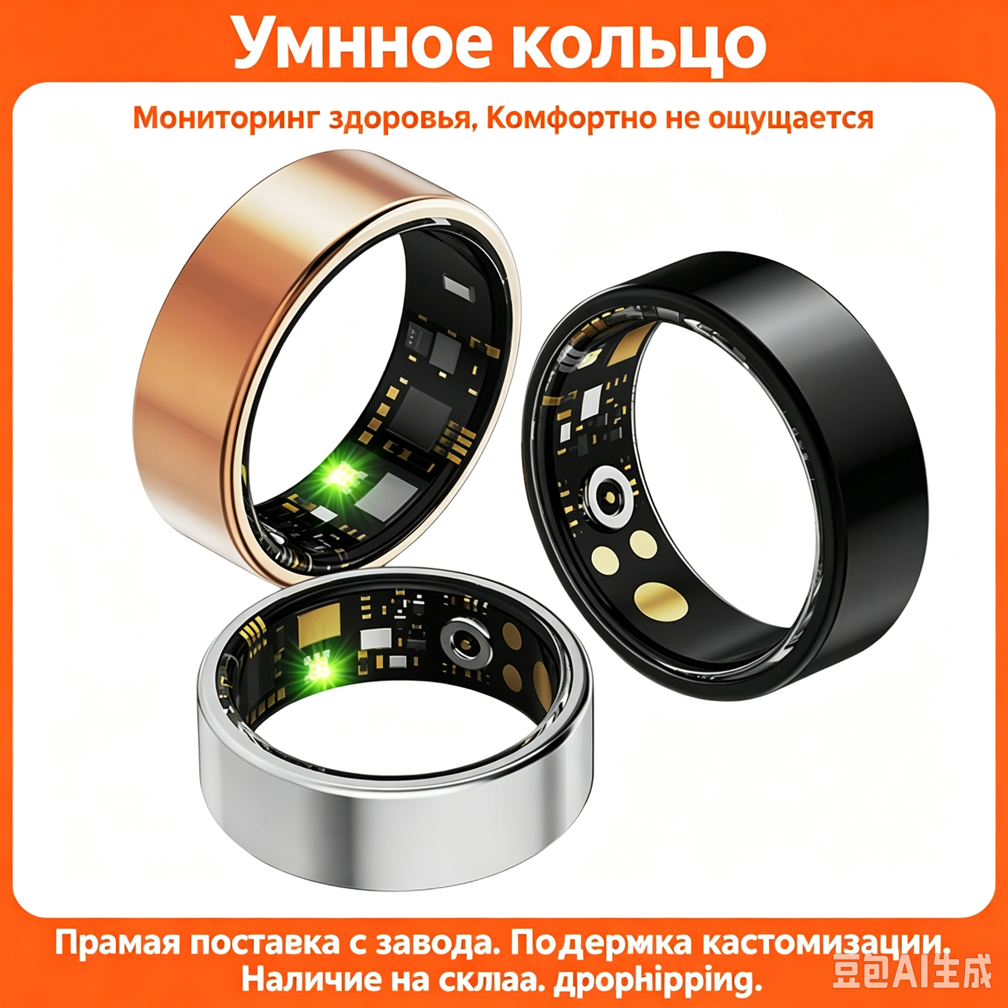Умное кольцо золотое размер 7, мониторинг пульса, кислорода, сна, Bluetooth, магнитная зарядка, носимое устройство