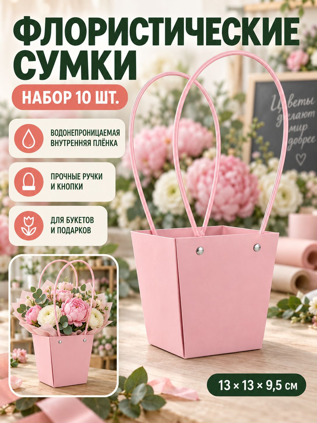 Флористические пакеты из крафт-бумаги с ручками, влагостойкие, 13139.5 см, 10 шт, разноцветные