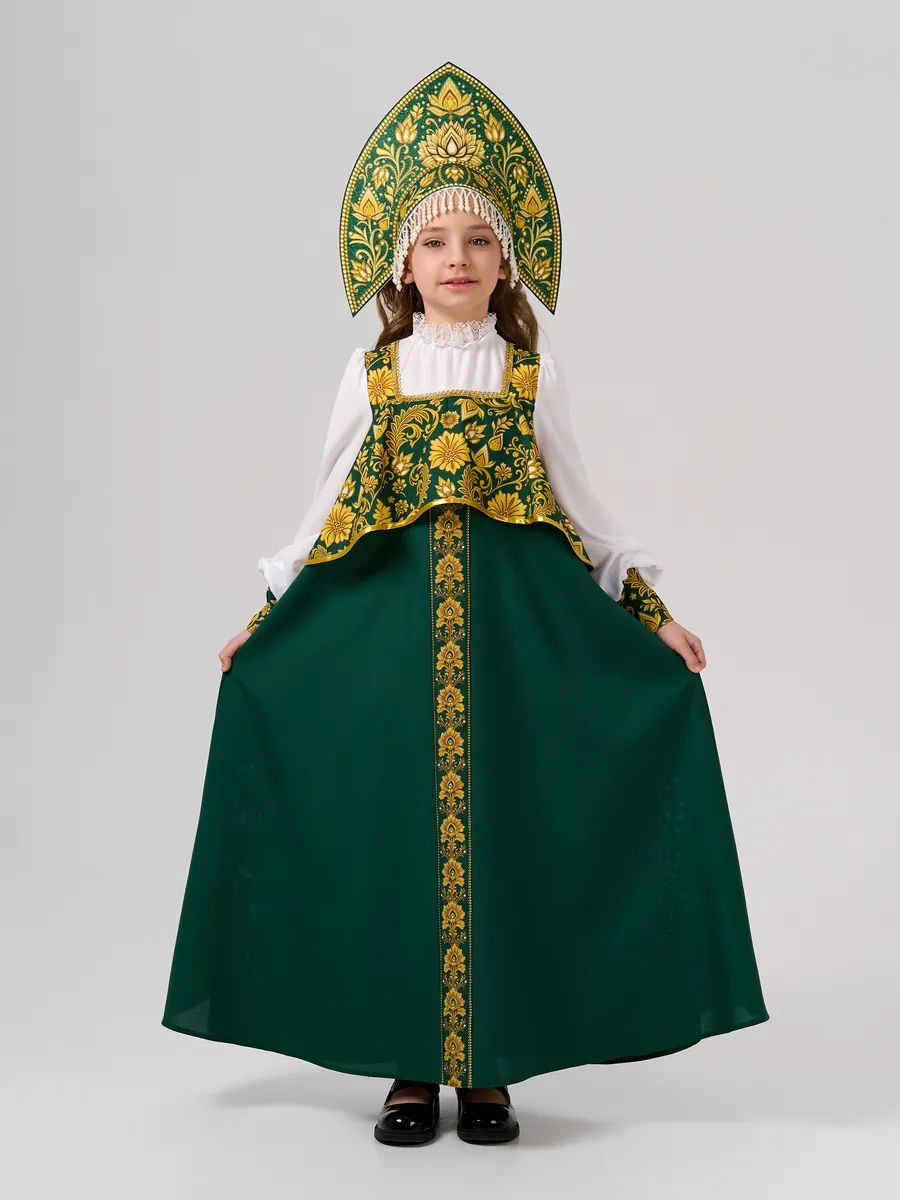 Костюм для девочки Русская Царевна с Епанечкой, зеленый, S, m1204g