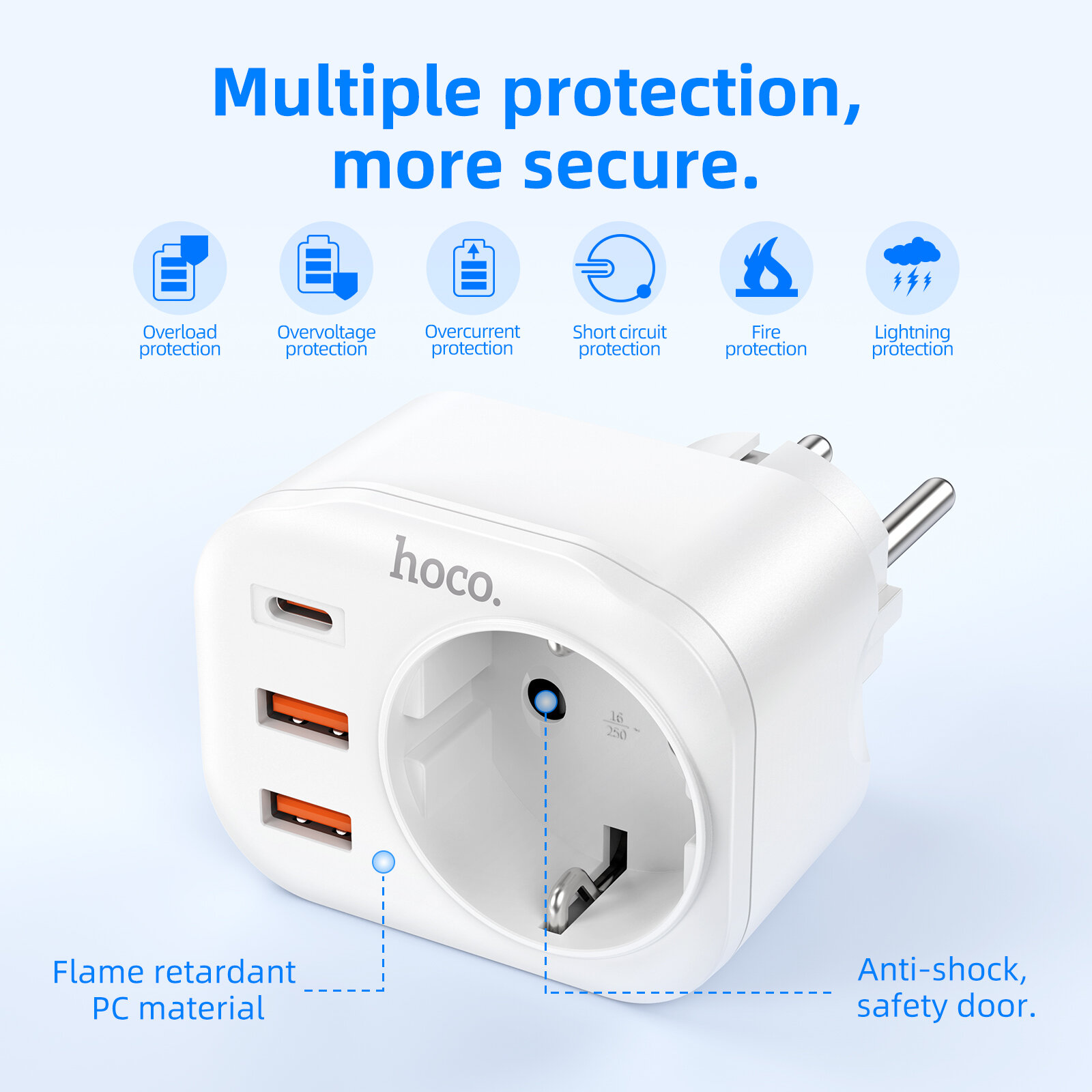 Многофункциональная розетка/Сетевой фильтр HOCO NS3, 1 гнездо + USB-C(PD 20W) + 2USB QC3.0 18W, Белый