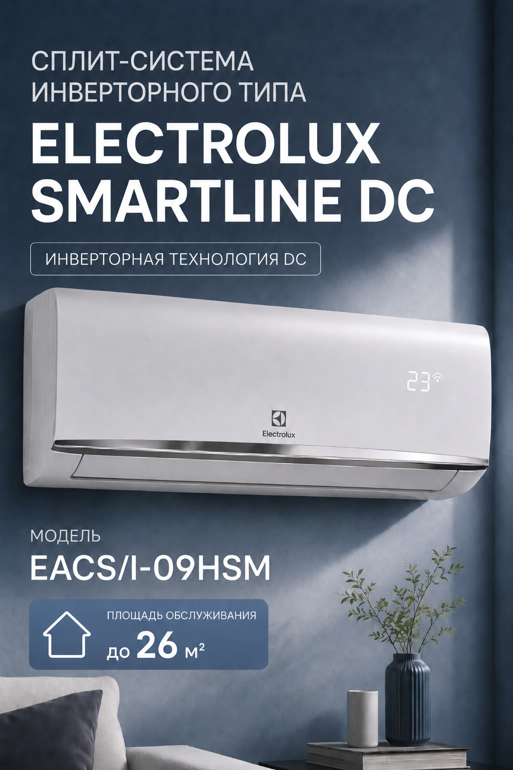 Сплит-система Electrolux Smartline DC EACS/I-09HSM/N8_V3, инверторный кондиционер 9000 BTU, охлаждение и обогрев, комплект