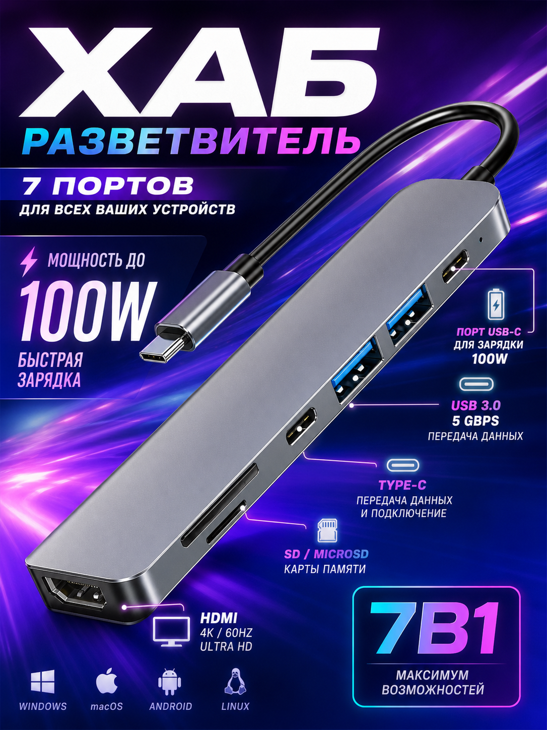 Usb HUB 7в1/USB Type-C, SD-card, TF-card, HDMI/FPY47