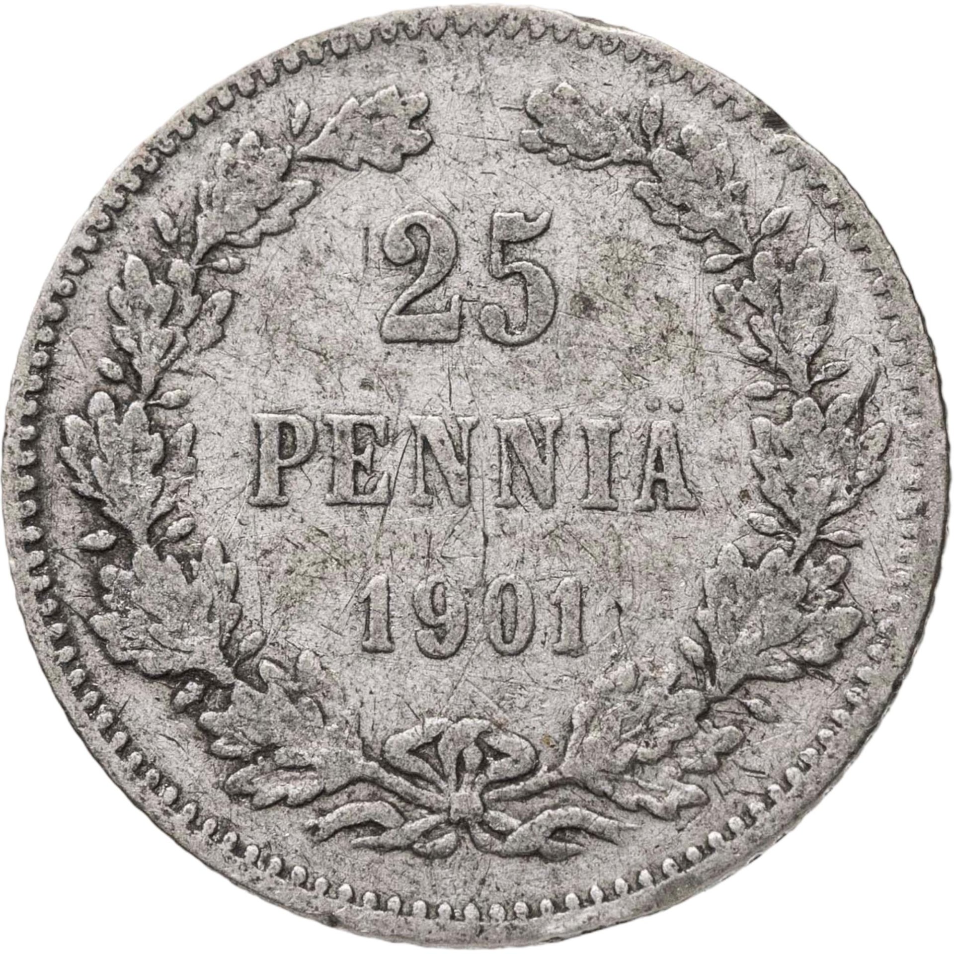 25 пенни 1901 L, монета для Финляндии, Серебро 750, в сохранности VF