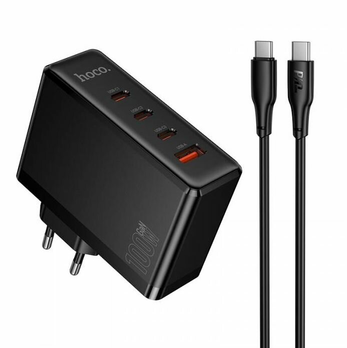 Сетевое зарядное устройство HOCO N85 Vigoroso 3xUSB-C, 1xUSB, 5А, PD100W, QC3.0, GaN + USB-C, кабель