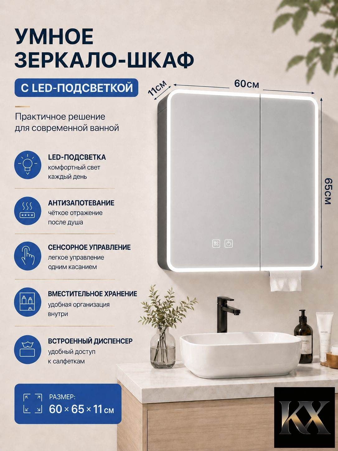 Шкаф для ванной, 60х11х65.01 см