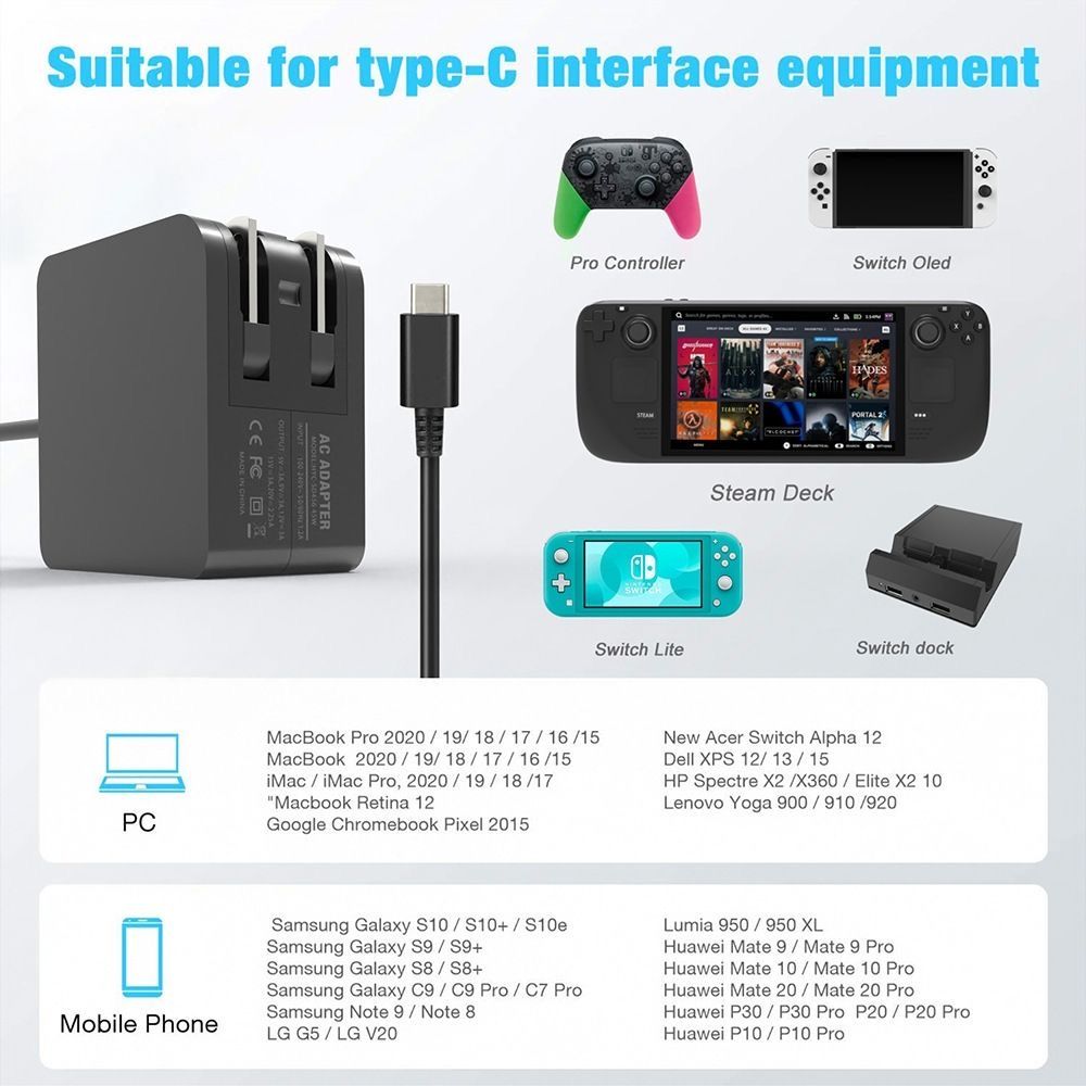 Зарядное устройство EU для Steam Deck LCD/OLED , блок питания 45W с евровилкой для игровой портативной консоли, приставк