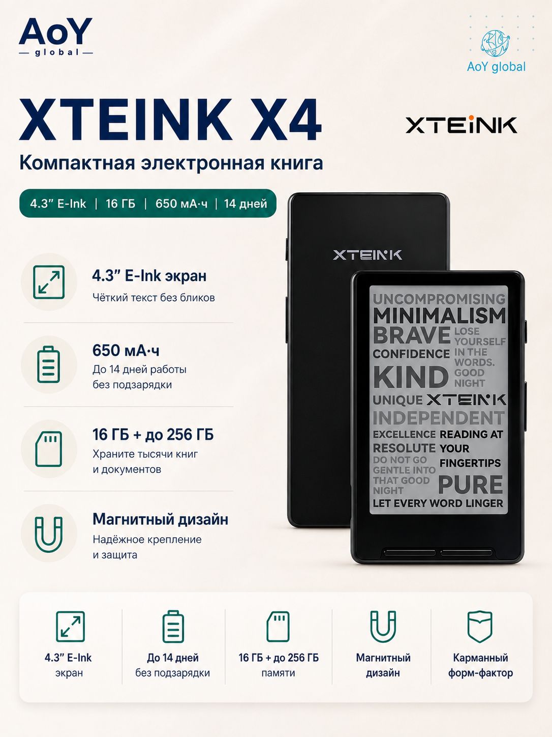 XTEINK 4.3" Электронная книга XTEINK X4 E Ink 4.3" 220 PPI, 74 г, 650 мАч, черный матовый