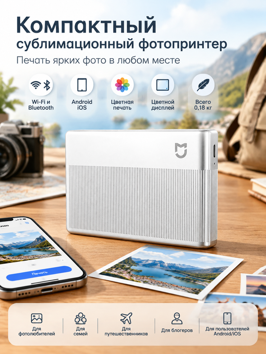 Компактный сублимационный фотопринтер с Wi-Fi и Bluetooth, печать фото, серебристый корпус