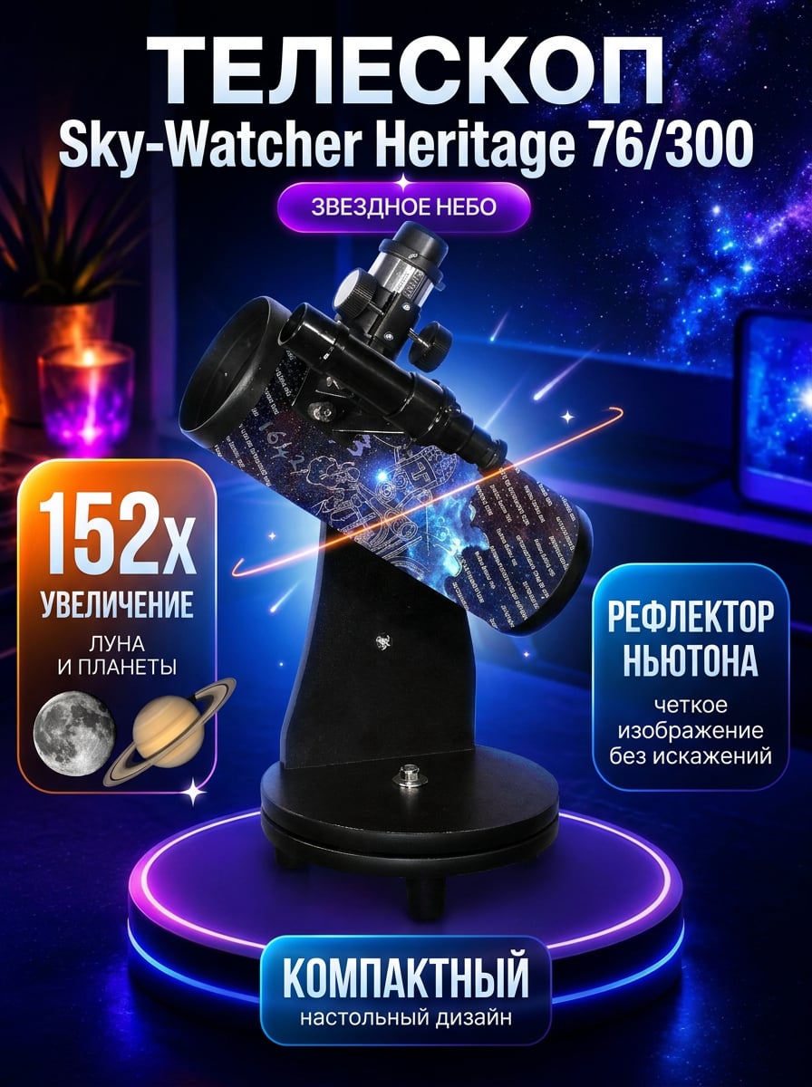 Телескоп настольный Sky-Watcher Dob 76/300 Heritage, рефлектор Ньютона, для начинающих, компактный, монтировка Добсона, окуляры 10/25мм, 152x, для Луны и планет