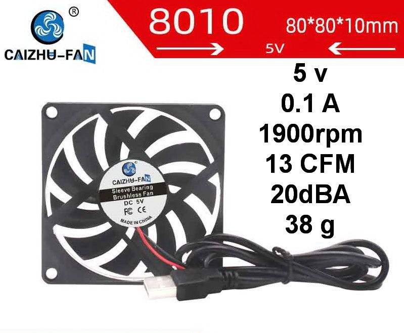 Вентилятор 8010USB CAIZHU-FAN 5v 0.1A 0.1w 20dBA 1900rpm 13CFM, 80х80х10мм, Cable USB, FC742