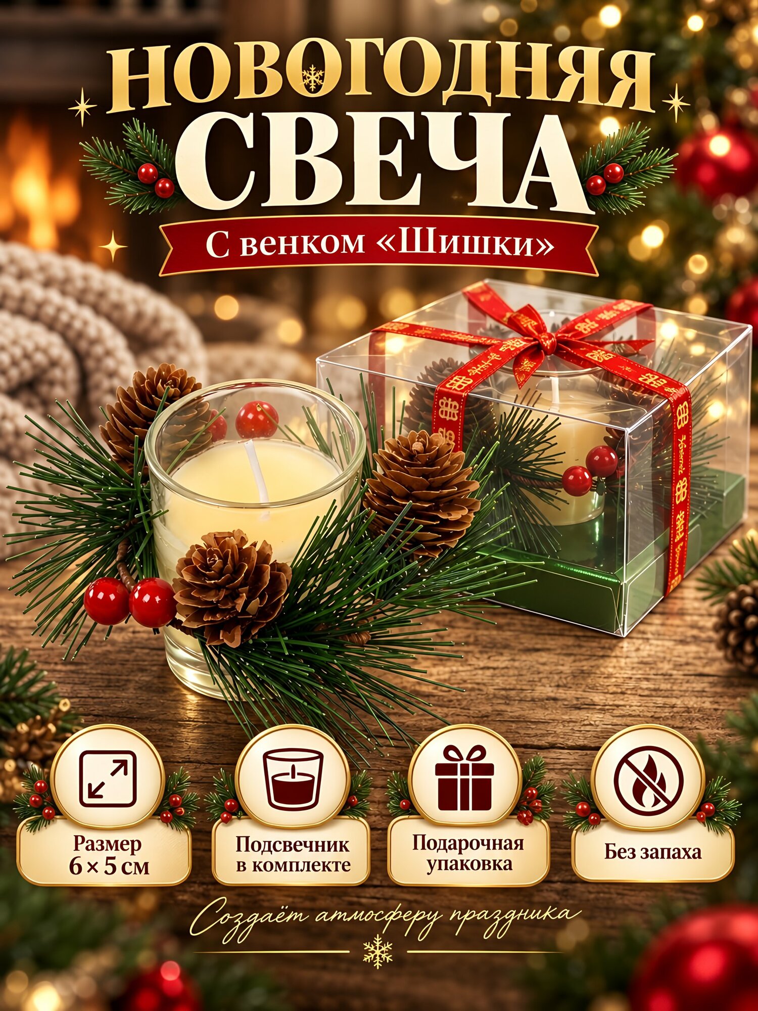 Свеча декоративная «Шишки» 6х5 см, белая, парафиновая, с венком и подсвечником