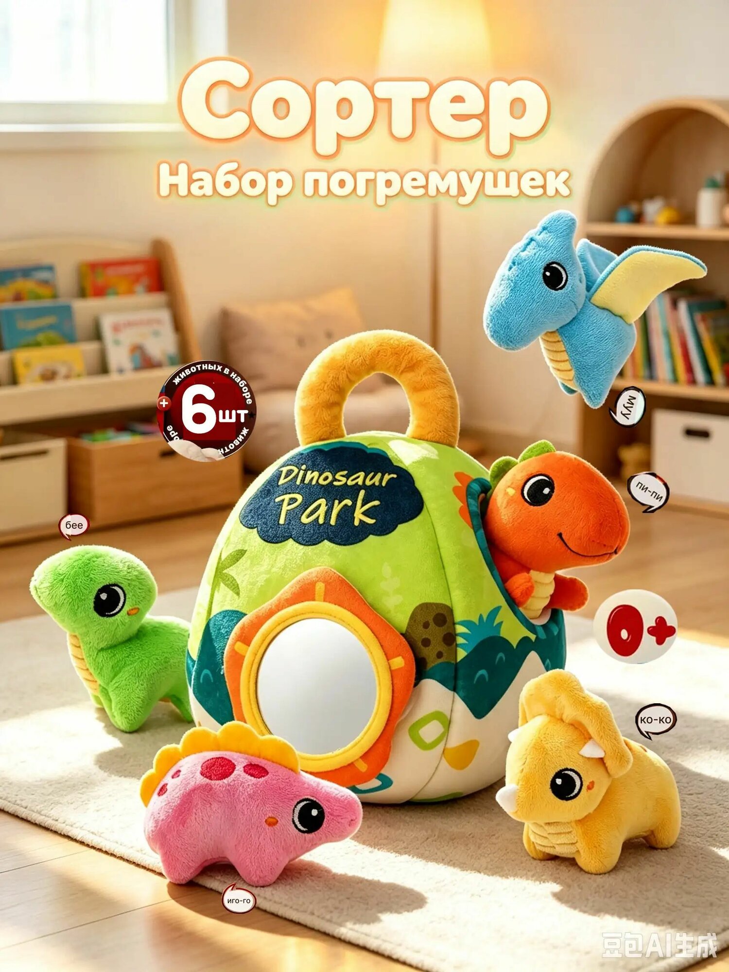 Сортер для малышей / Игрушка для малышей мягкая домик-ферма с животными Динозавр