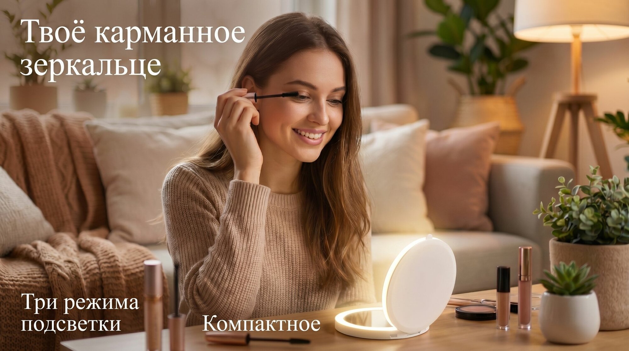 Зеркало карманное "зеркальце с LED подсветкой", 9 см х 9