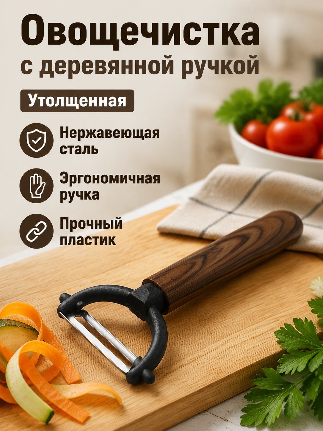 Овощечистка из нержавеющей стали с ручкой из ПП, утолщённая покрытие под дерево