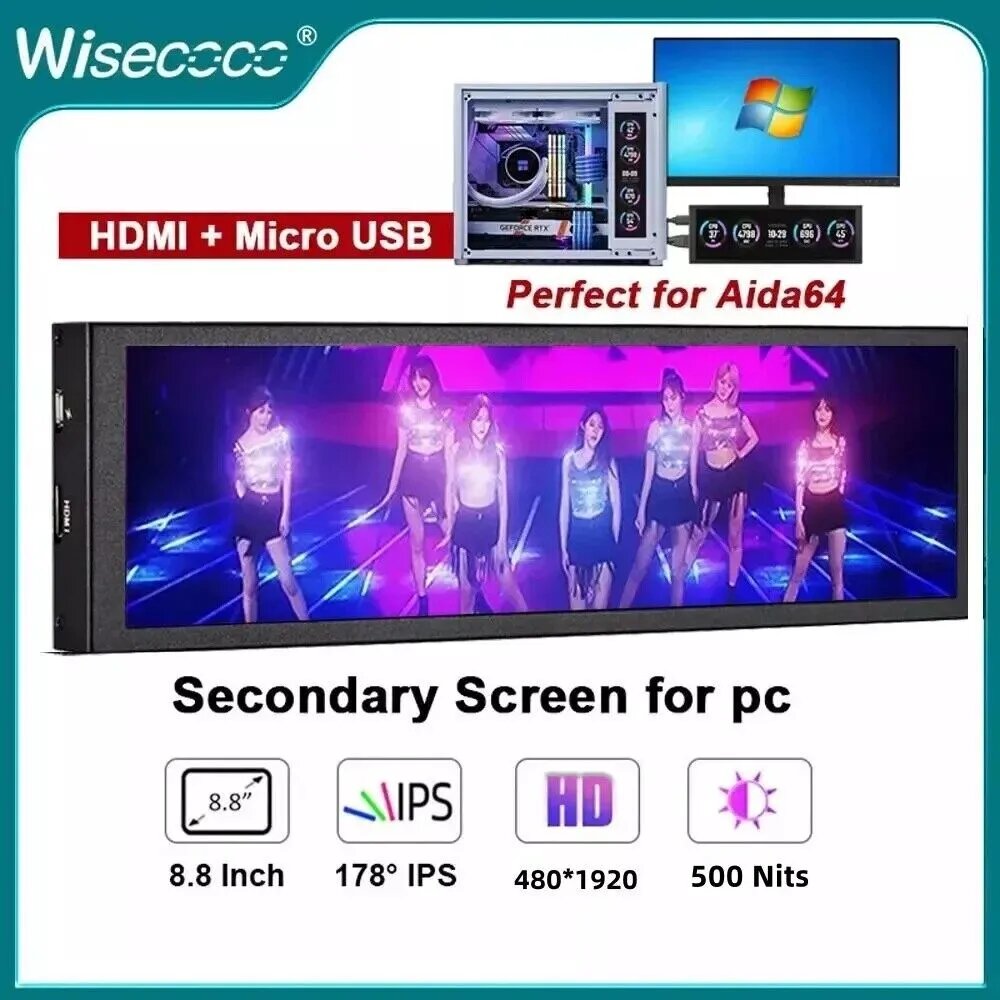 Wisecoco 8.8" Комплект с системным блоком 1920*480 IPS LCD игровой дисплей HDMI портативный монитор CPU GPU мониторинг, 8.8, черный матовый