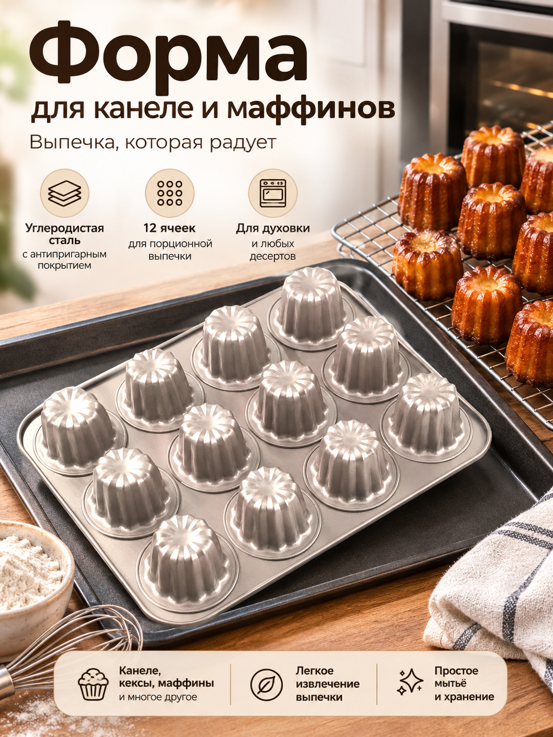 Металлическая форма для канеле и маффинов на 12 ячеек, антипригарное покрытие, для духовки