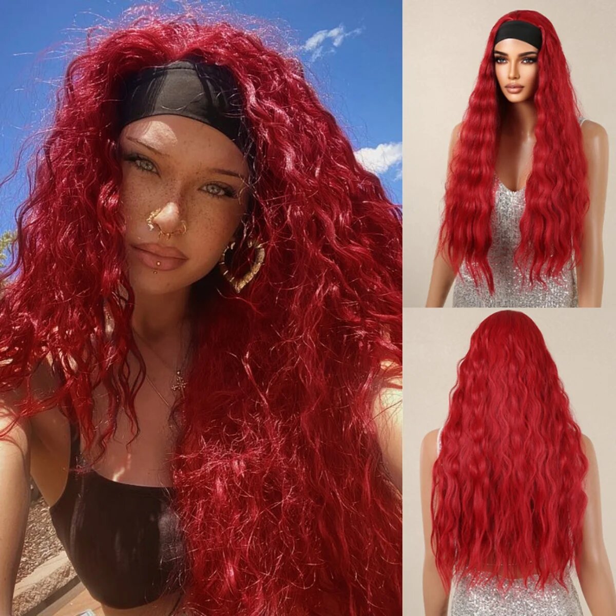 Синтетический парик-повязка JONRENAU красный curly Красный, HB020-3