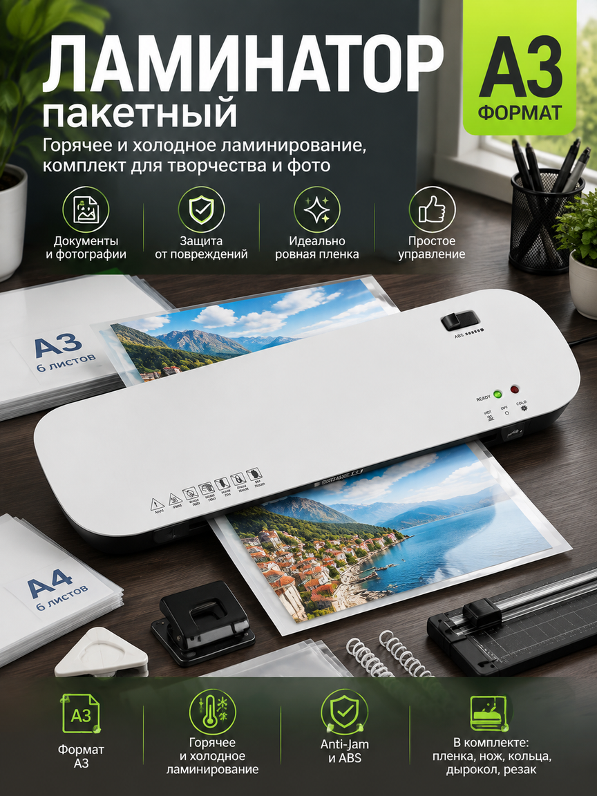 Ламинатор пакетный А3, горячее и холодное ламинирование, комплект для творчества и фото