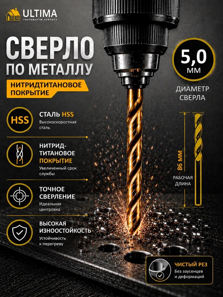 Сверло по металлу 5 мм, 86 мм, спиральное HSS с нитридтитановым покрытием из инструментальной легированной стали, Ultima