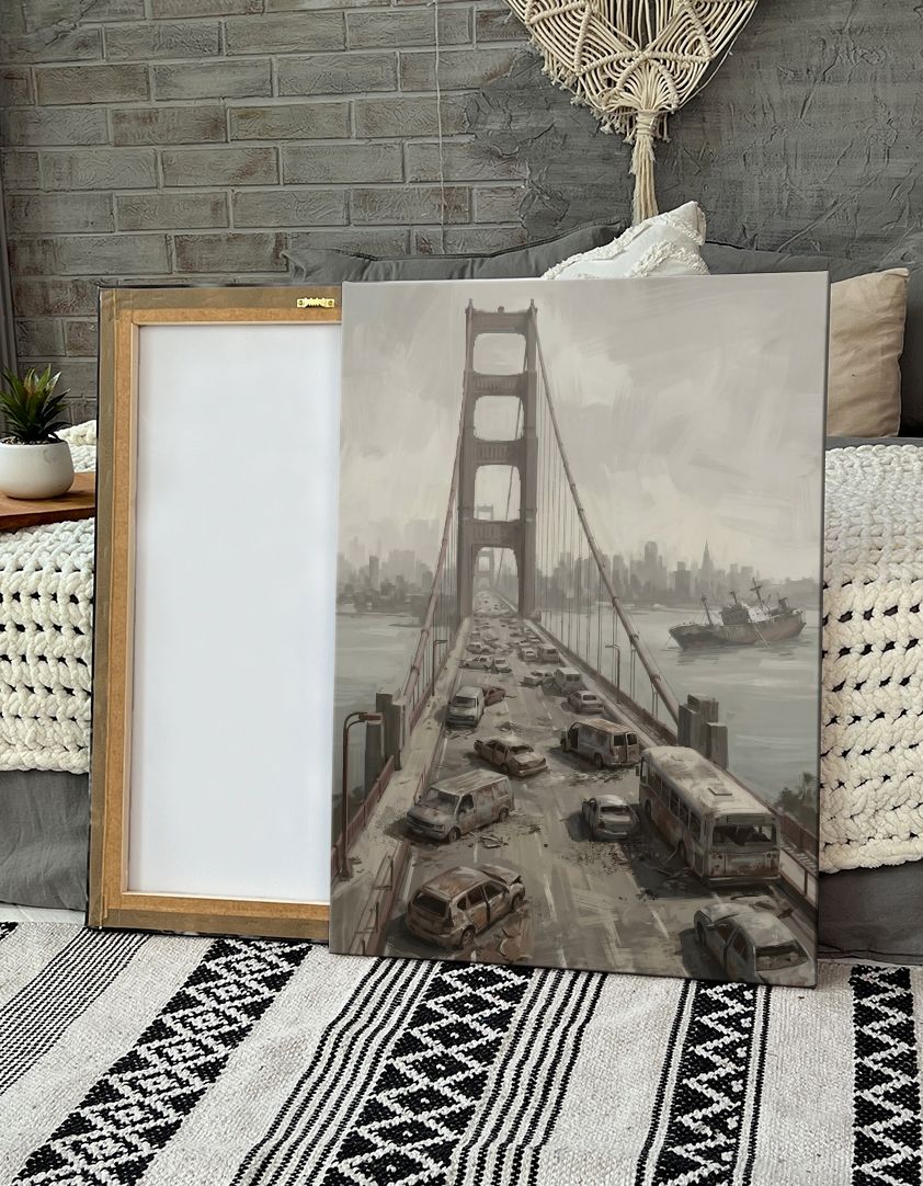 Картина на холсте (Золотые Ворота, Golden Gate Bridge, Сан-Франциско, постапокалипсис, заброшенный мост, ржавые машины, автомобили) 40x60 см. Интерьерна