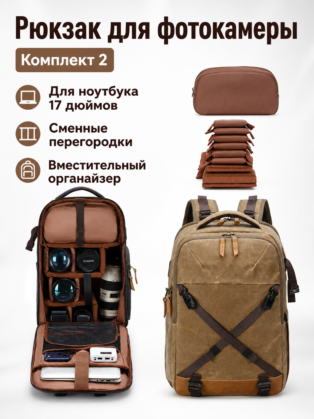 Рюкзак для оборудования хаки комбинация два с прочным материалом и возможностью зарядки гаджетов снаружи
