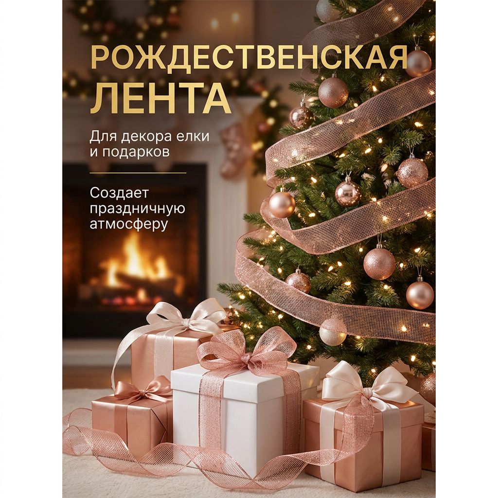 Набор новогодних украшений DIY: венки золотистые и серебристые, ленты из сетки
