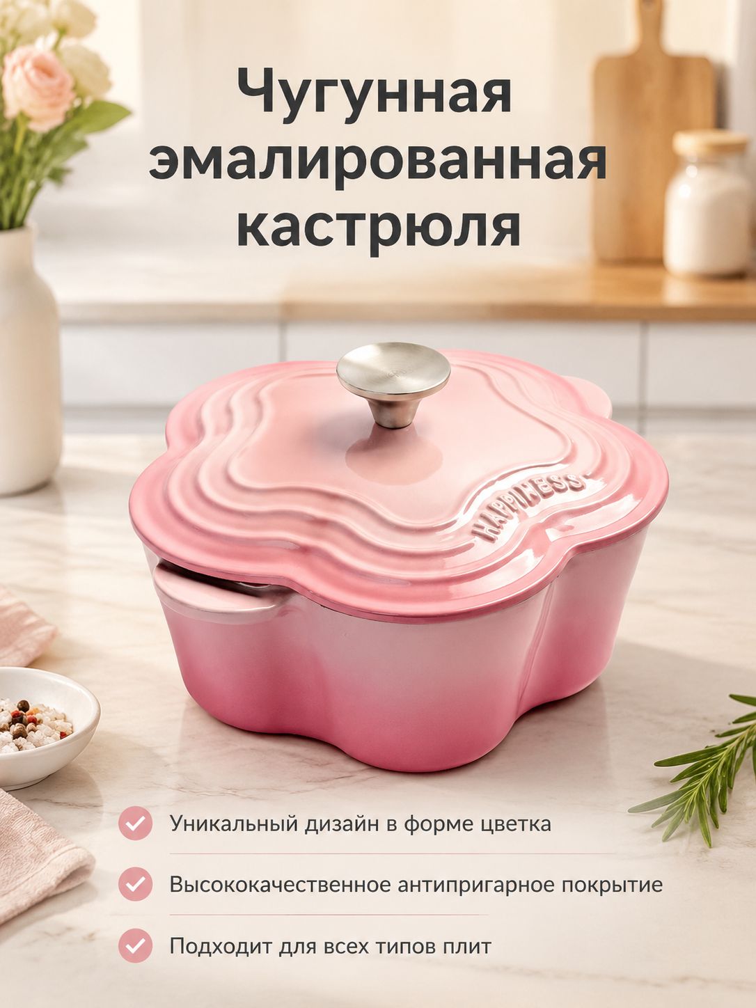 Чугунная кастрюля с эмалевым покрытием, 20 см, розовая, для тушения и супов, с крышкой