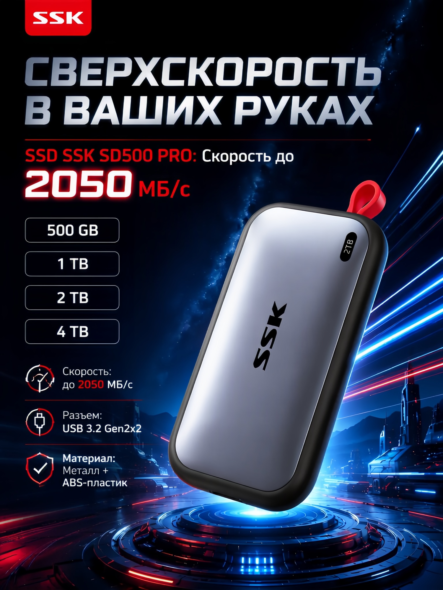 Портативный SSD‑накопитель SSK SD500PRO, USB‑C, скорость до 2050 МБ/с, для компьютера и смартфона,500 ГБ