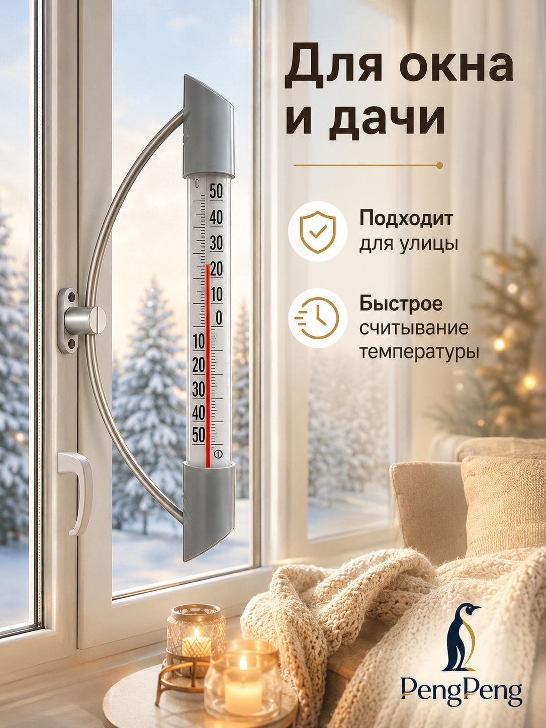 Термометр оконный уличный 50+50 C, наружный градусник для пластиковых окон, дома и дачи