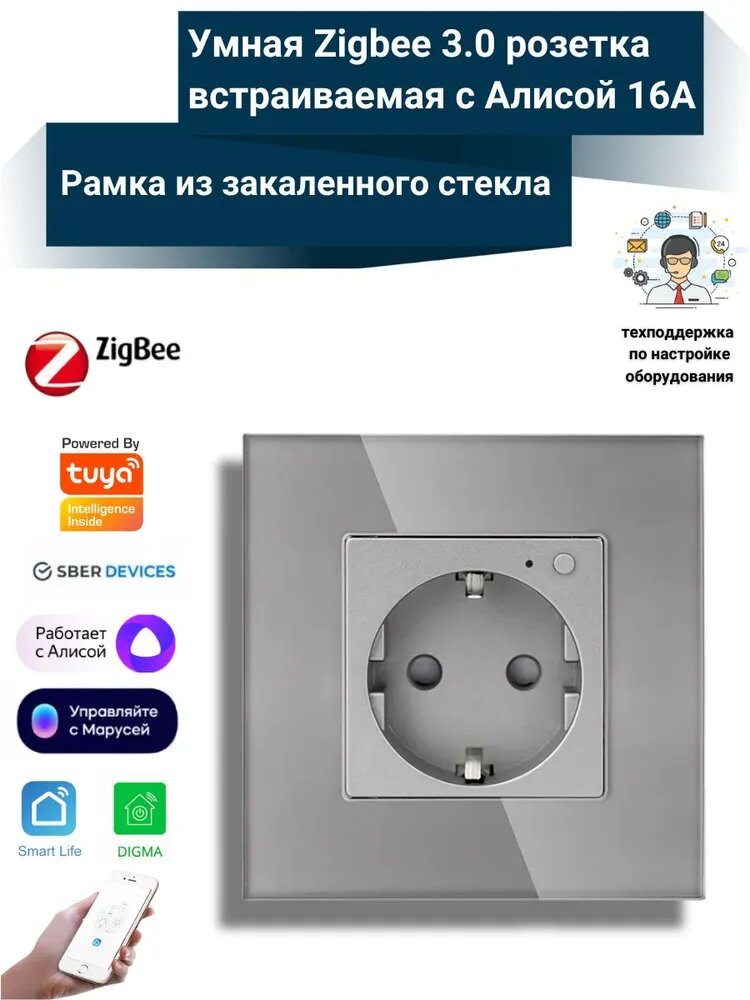 Умная розетка встраиваемая с Алисой 16А Tuya Zigbee 3.0 с таймером и голосовым управлением стеклянная серая