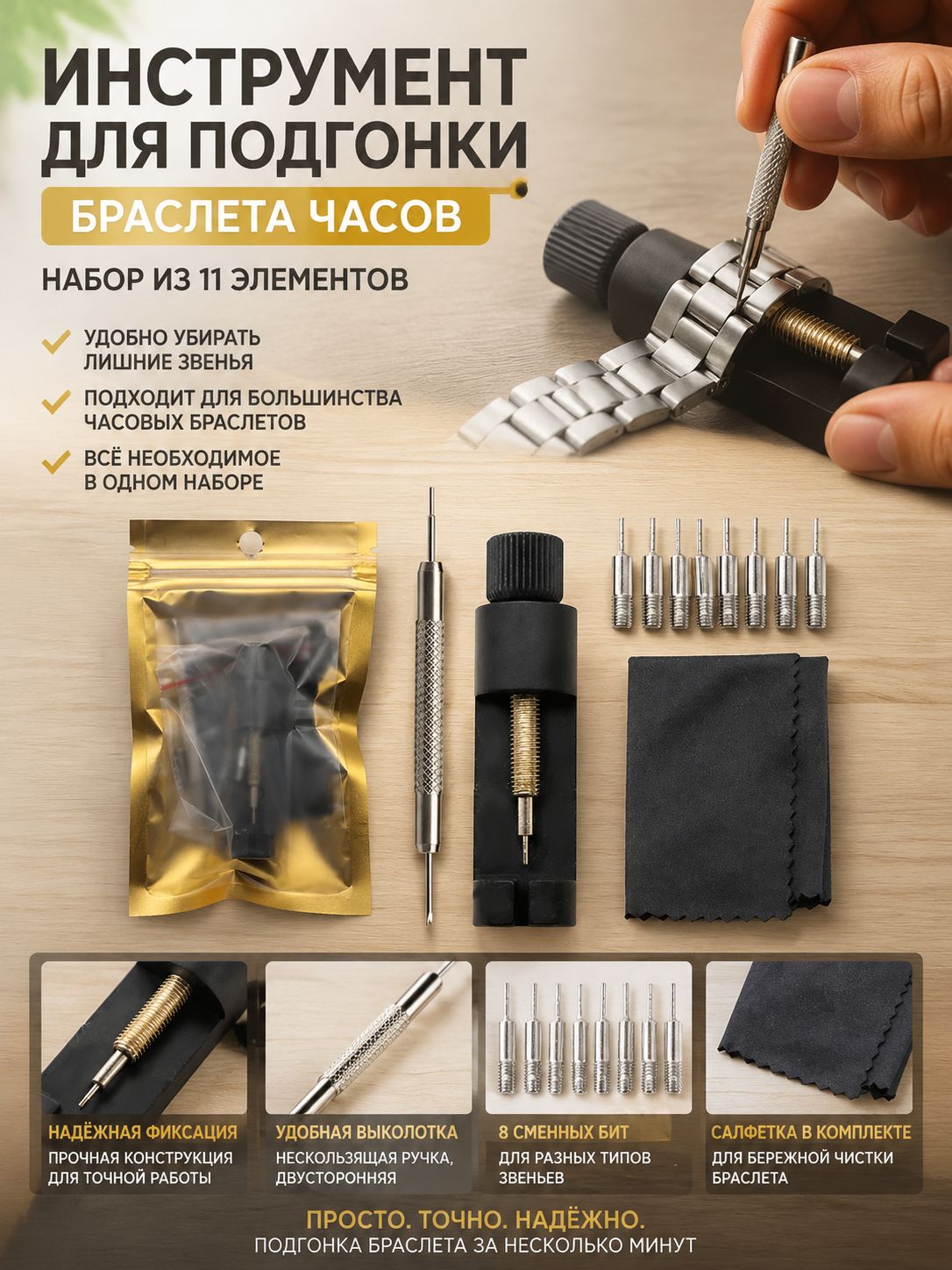 Инструмент для подгонки браслета часов, набор из 11 элементов: выколотка, 8 бит и салфетка из микрофибры