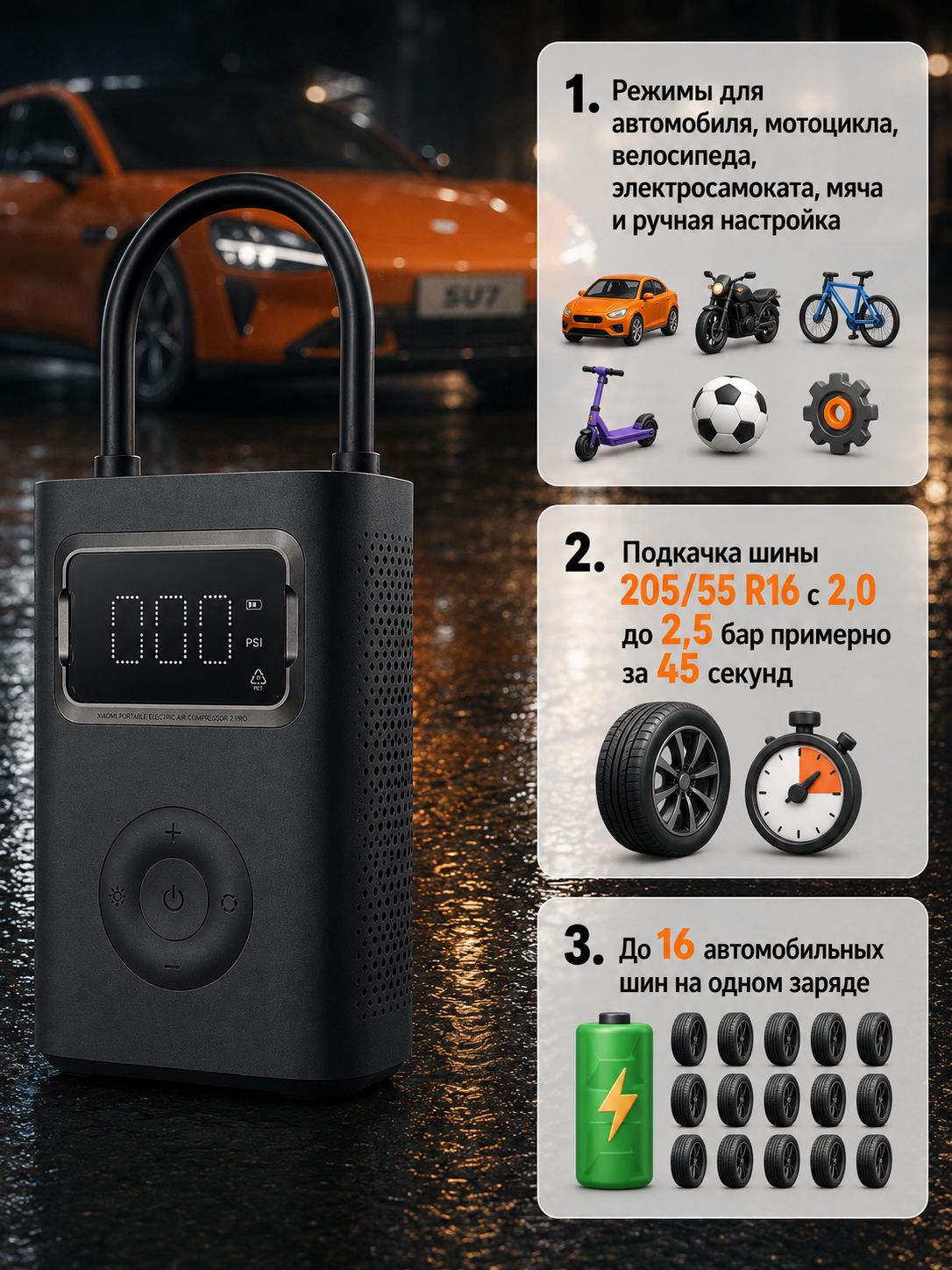 Умный автомобильный насос, компрессор Xiaomi Electric Pump 2 Pro ( MJCQB07PQW )