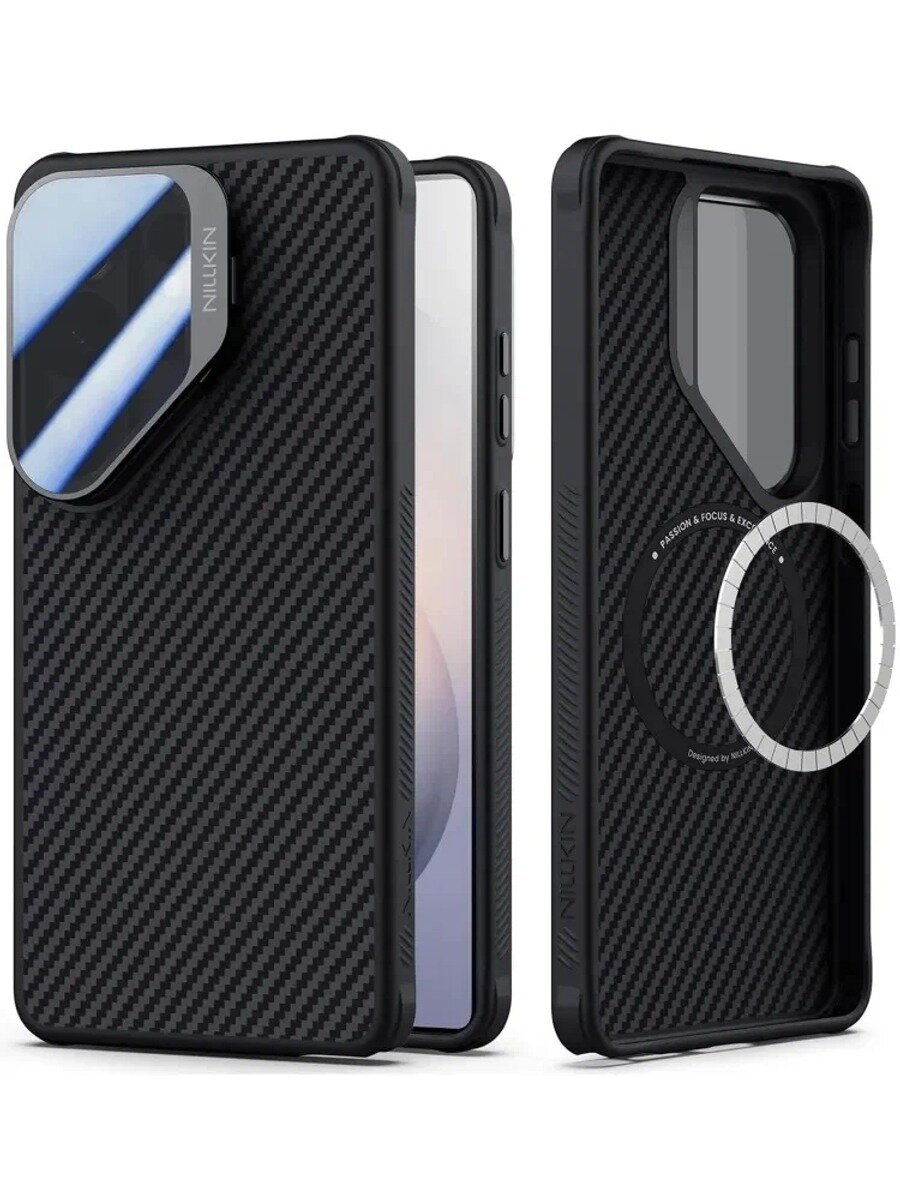 Магнитный Nillkin чехол из углеродного волокна для Samsung Galaxy S26 Ultra с защитой камеры и подставкой, черный