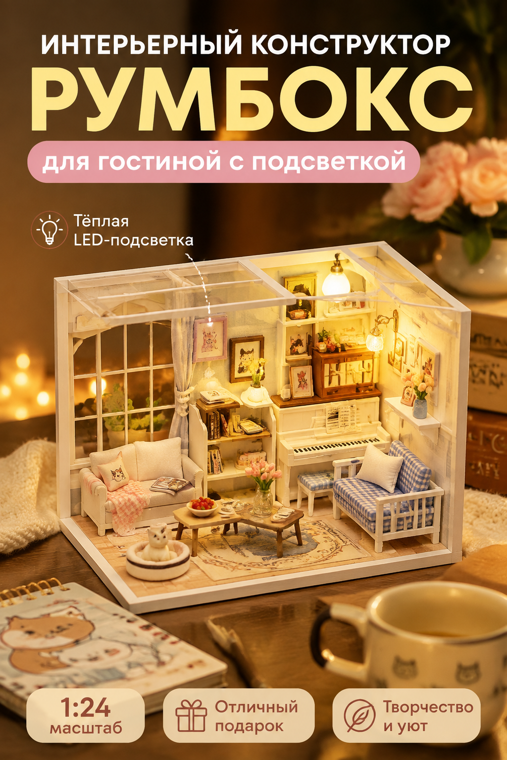 Интерьерный конструктор румбокс для гостиной с подсветкой, масштаб 1:24