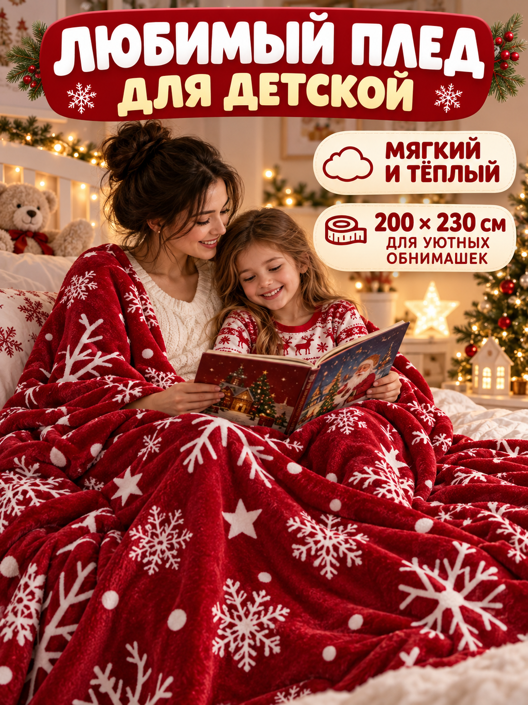 Плед 200 x 230 см, евроразмер, новогодний, красный со снежинками, для дивана, покрывало на кровать