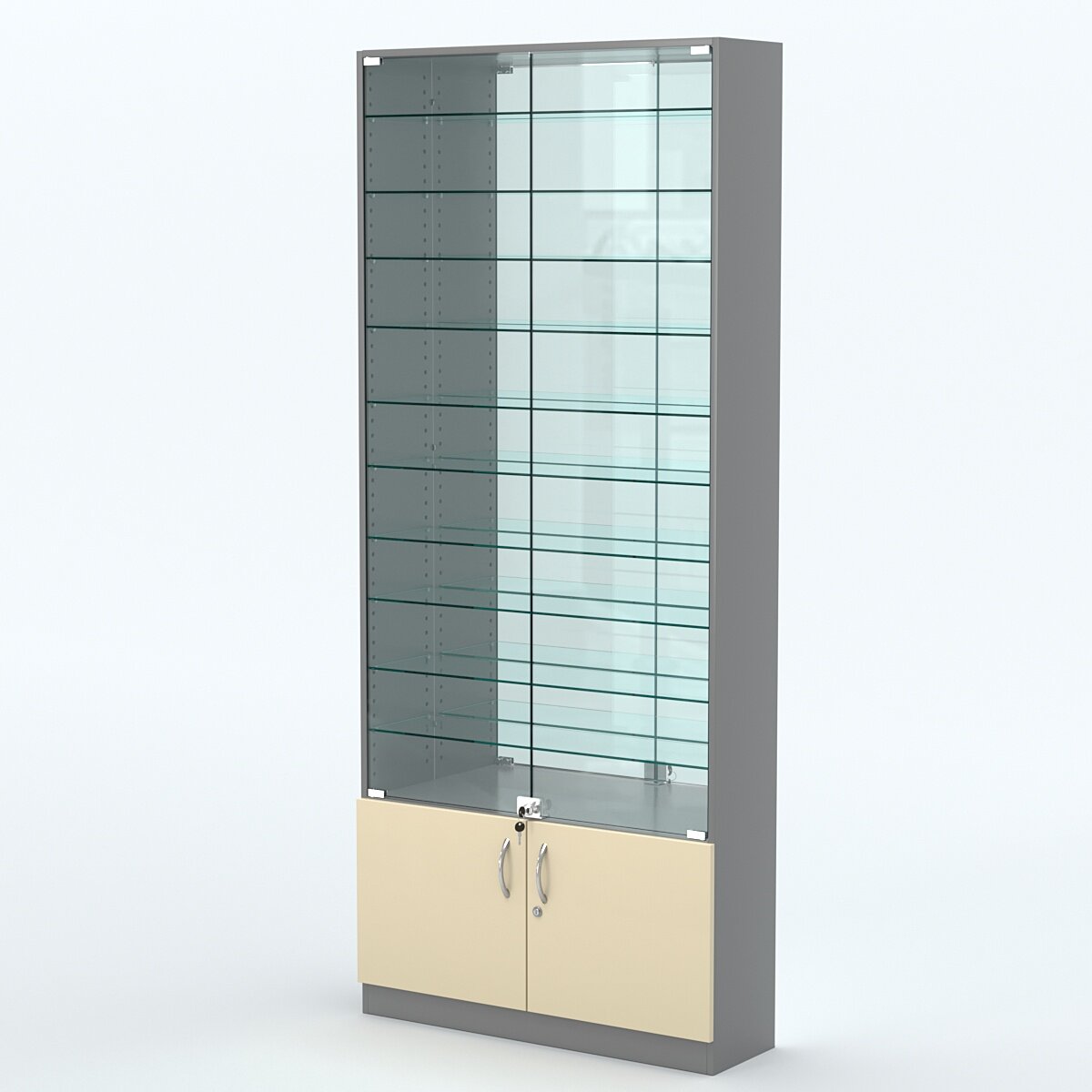 Торговая витрина с 10-ю стеклянными полками 250x900 мм серии NEXT-10 №11-2 (З/C - зеркало), Темно-серый + Крем Вайс