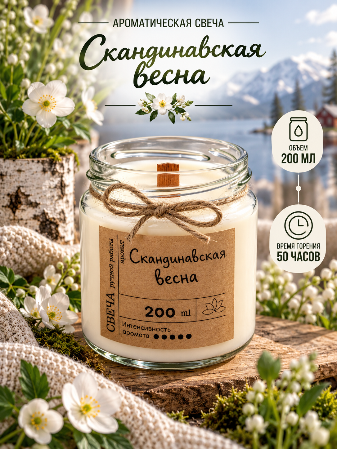 Ароматическая свеча "Скандинавская весна" с деревянным фитилем 200 мл большая