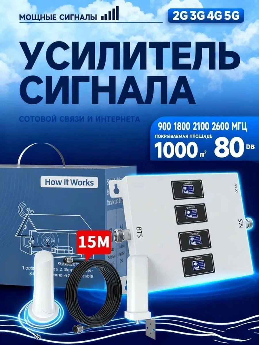Усилитель сигнала сотовой связи и мобильного интернета 4-полосный 900 1800 2100 2600 МГц, белый, на стену