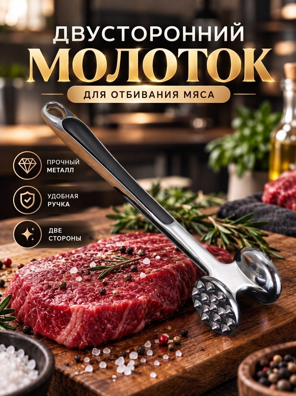Молоток для отбивания мяса двухсторонний / Кухонный молоток для мяса