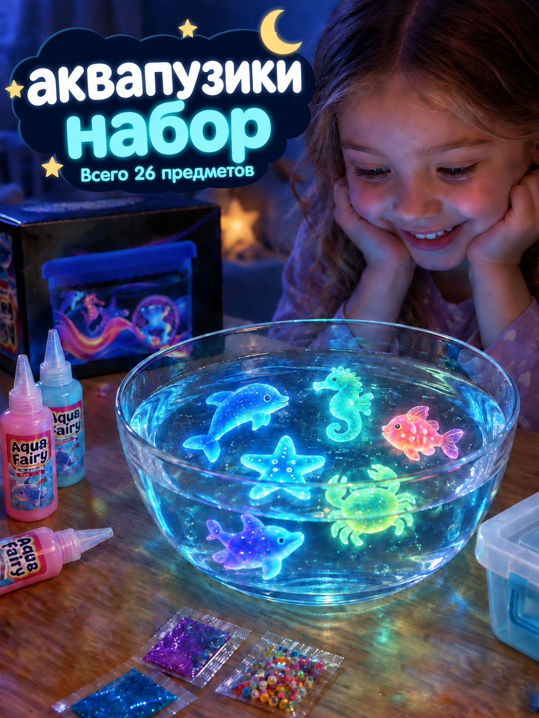 Аквапузики набор опытов и экспериментов для детей, светящиеся водные фигурки 12 цветов и 14 формочек