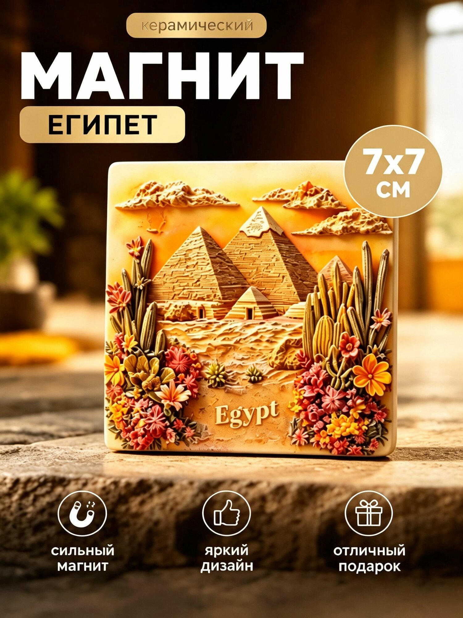 Сувенирный магнит Египет Пирамиды керамический на холодильник 7*7см