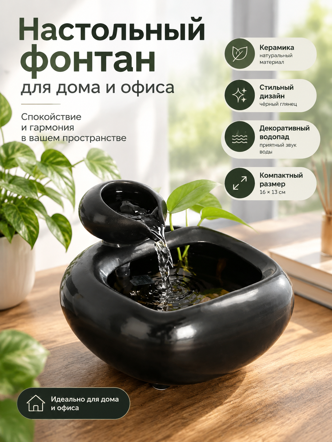 Настольный черный керамический фонтан для дома и офиса 16x13 см с декоративным водопадом
